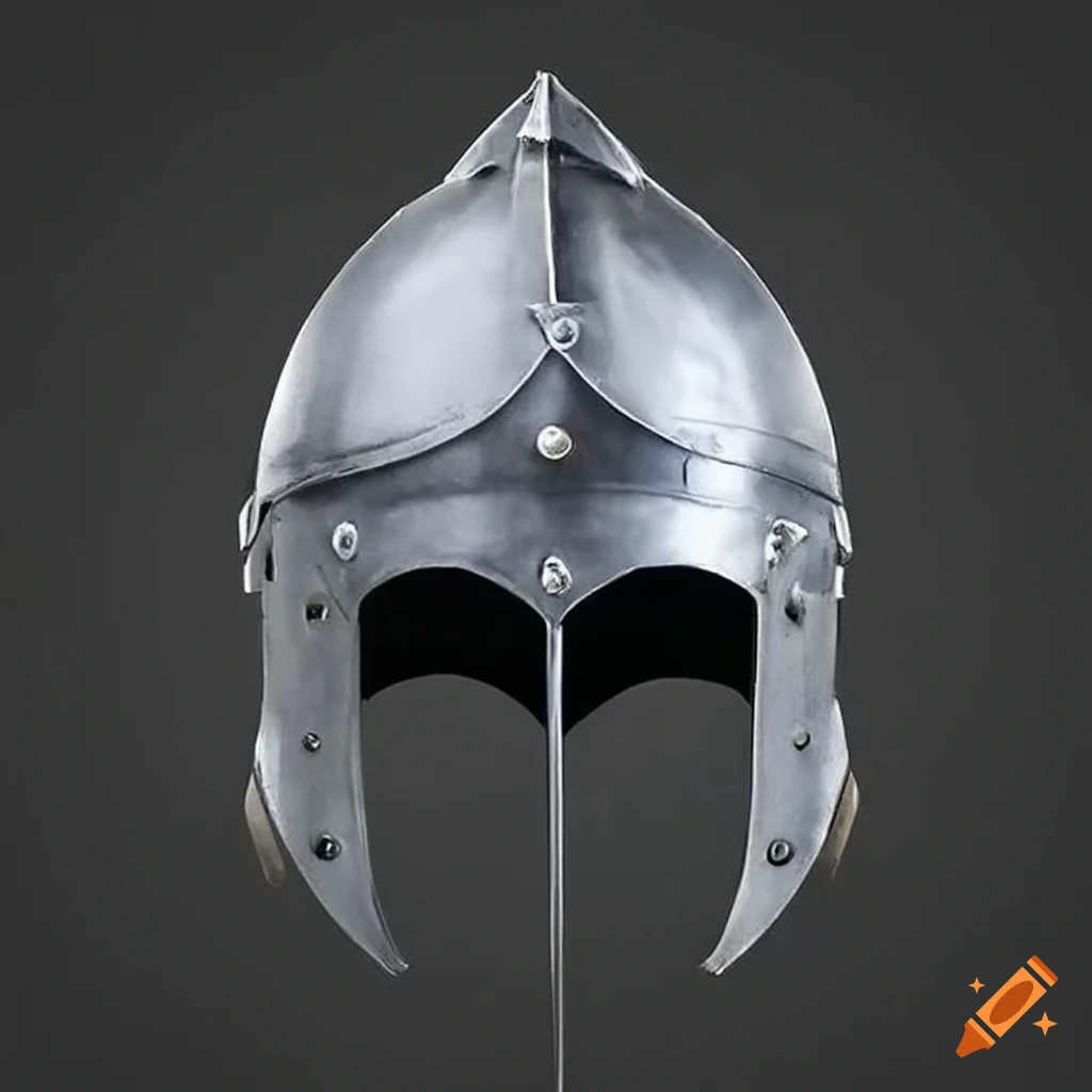 Detailed front view of a legendary open helmet in medieval style on Craiyon