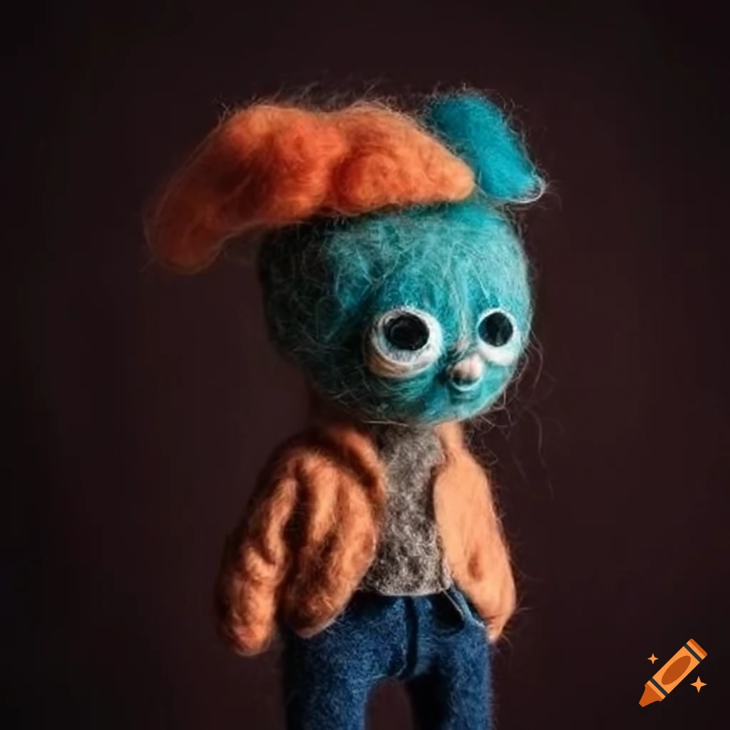 Felted wool creatures with stylish clothing on textured background on ...