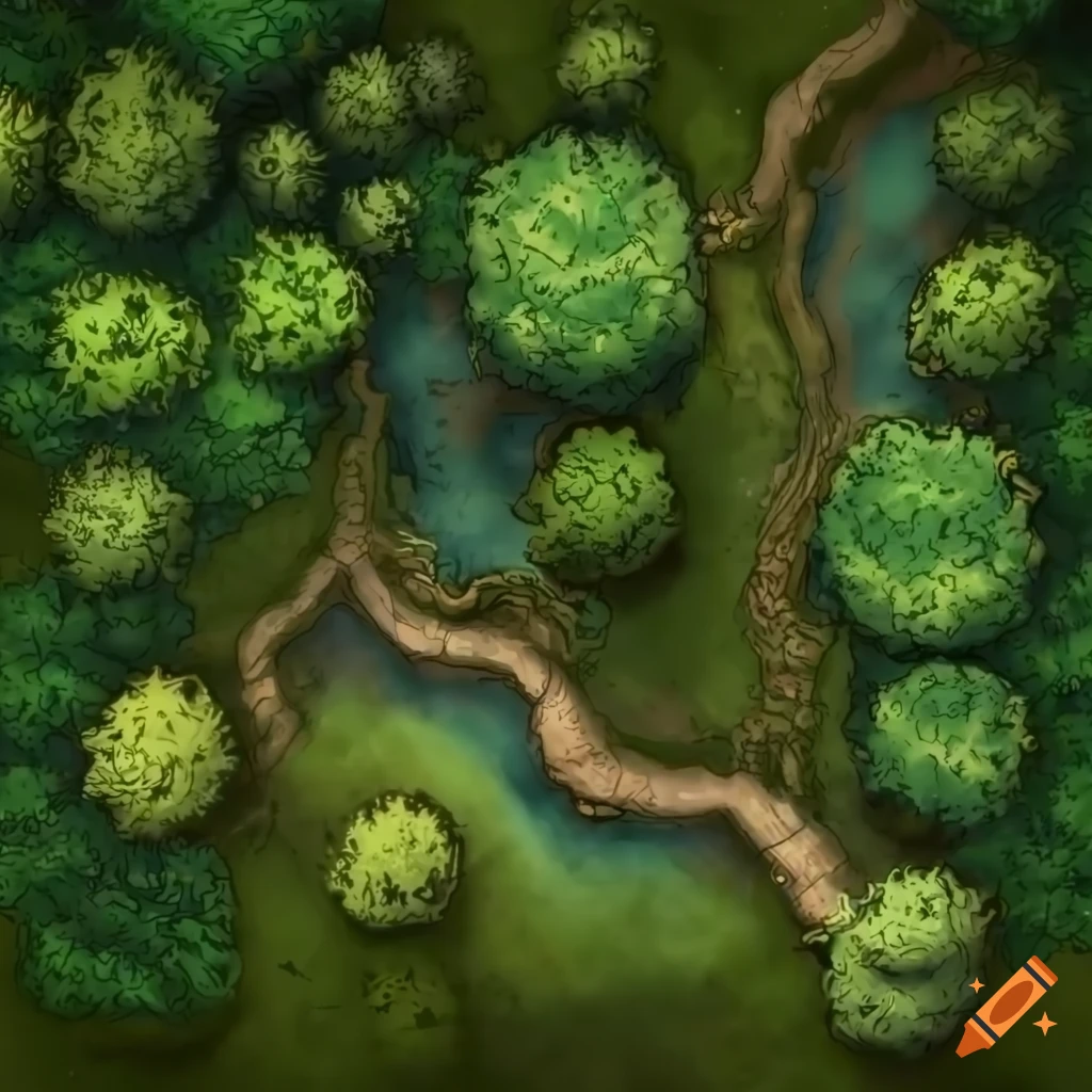 Dnd forest battle map with towering trees and lush foliage on Craiyon
