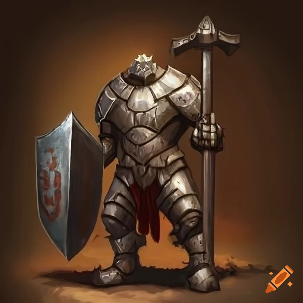 Armored golem with two-handed hammer and tower shield in a religious ...