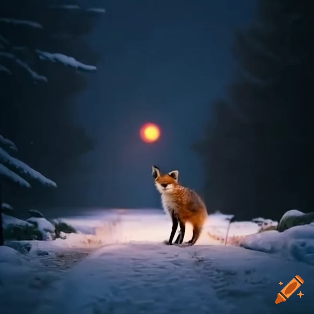 Fox walking on snowy road at night on Craiyon
