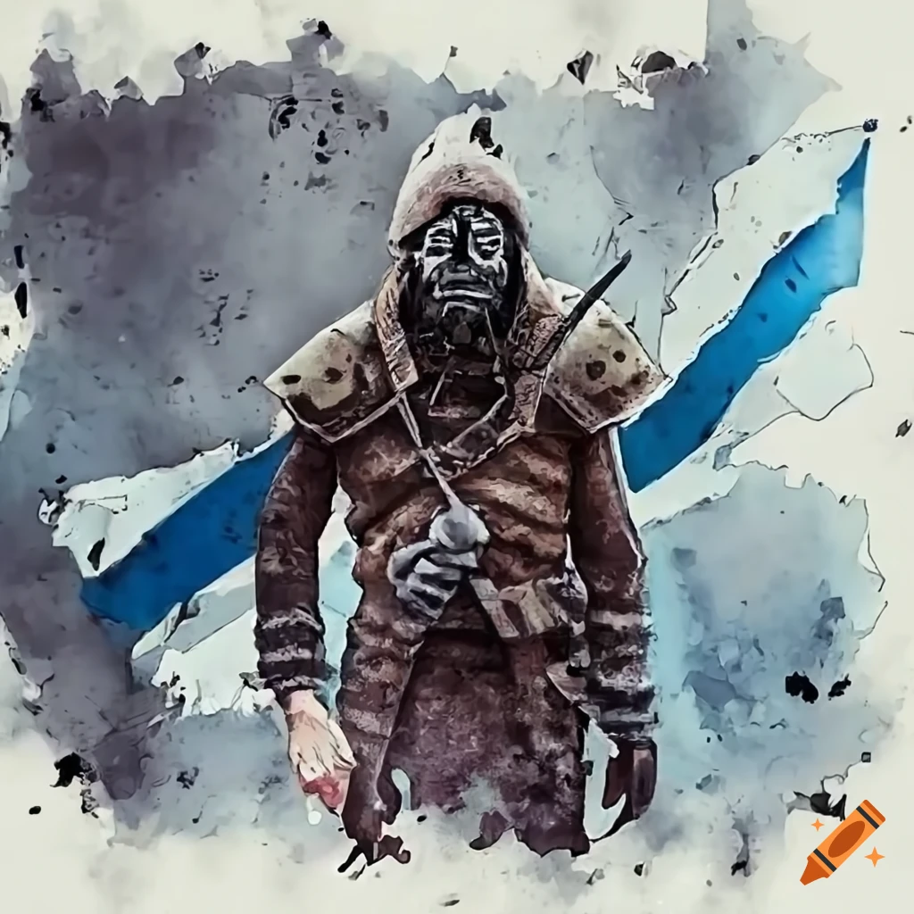 Post-apocalyptic warrior with tattered Finnish flag on Craiyon