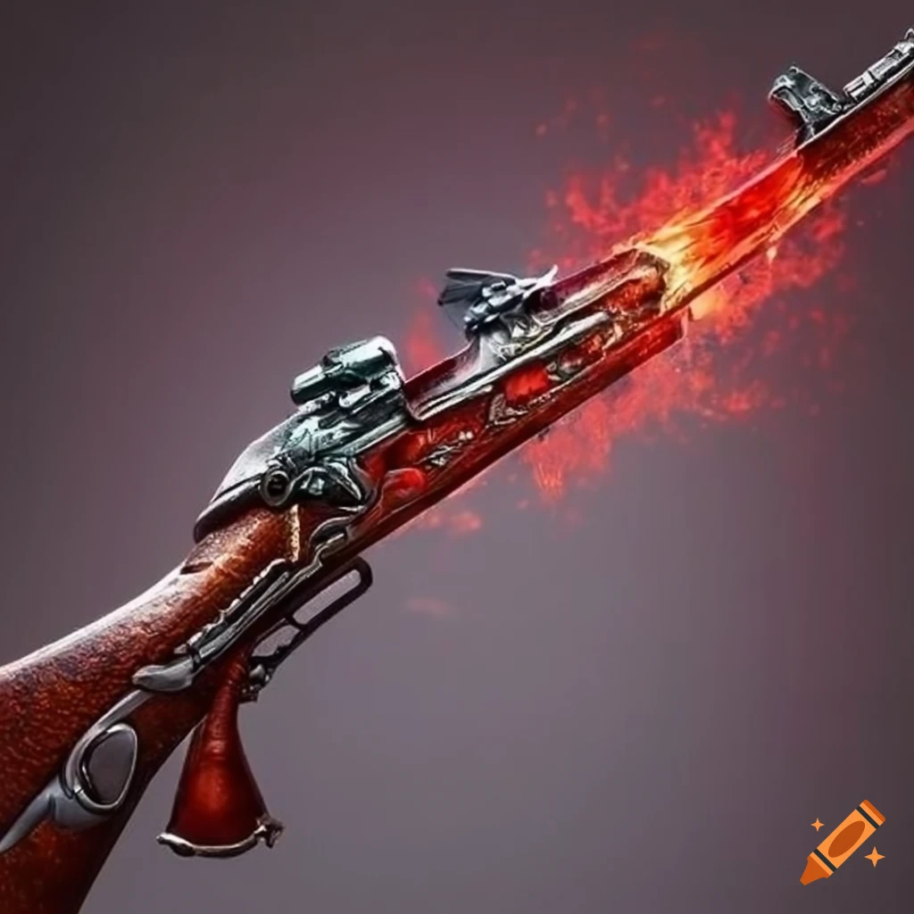 Fantasy musket rifle with a red flaming crystal and ornate design on ...