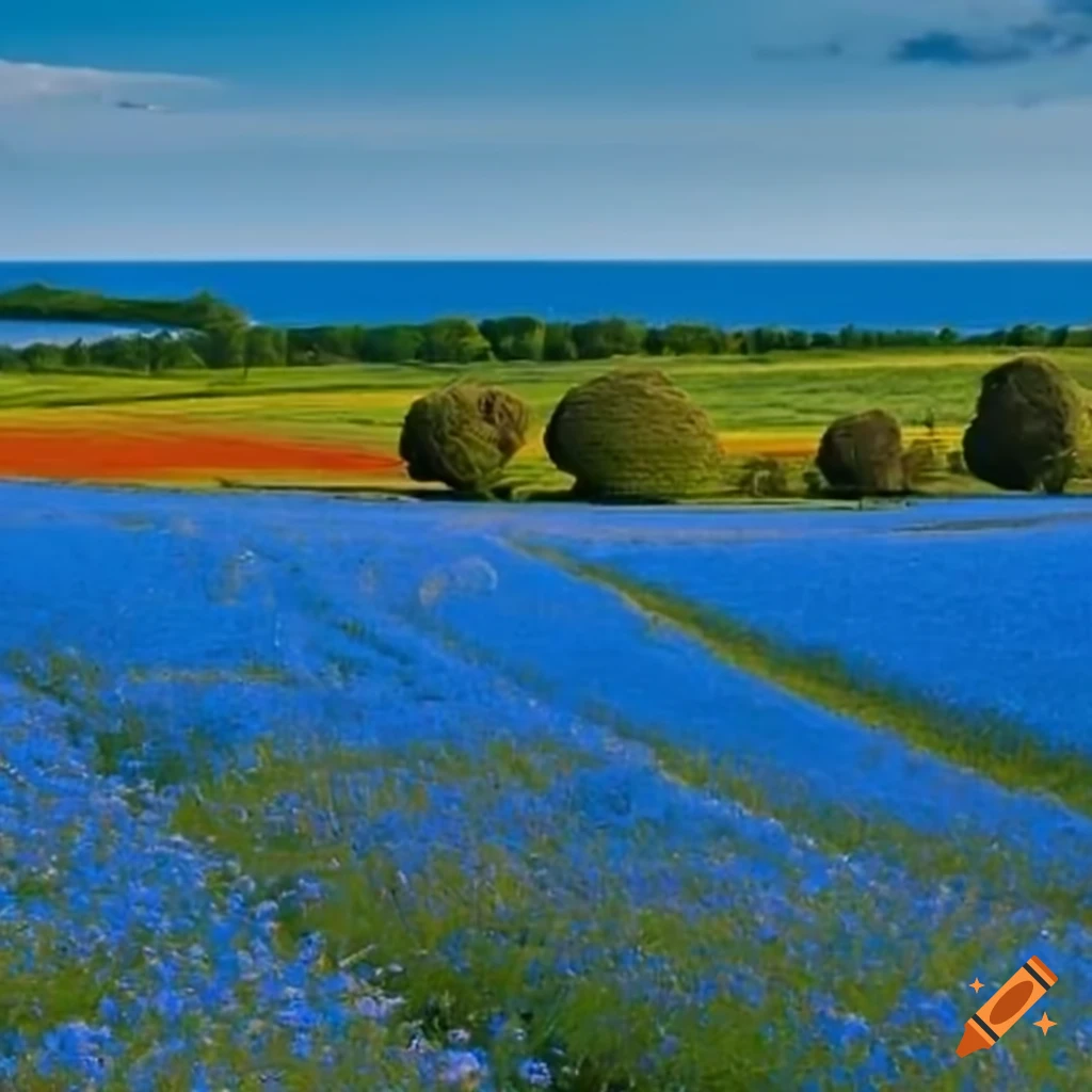 Country with vast blue poppy fields on Craiyon