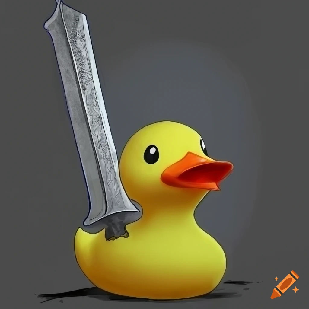 Yellow rubber duck holding a knight's sword in a chivalrous pose on Craiyon