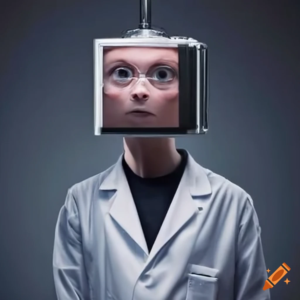 Scientist with a tv head wearing a white labcoat on Craiyon