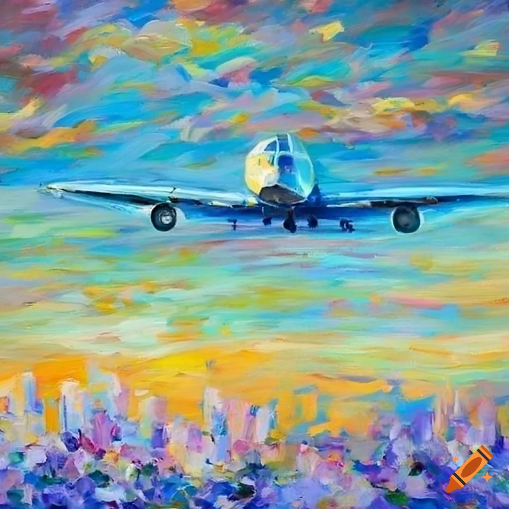 Modern plane flying in the sky in an impressionist style on Craiyon