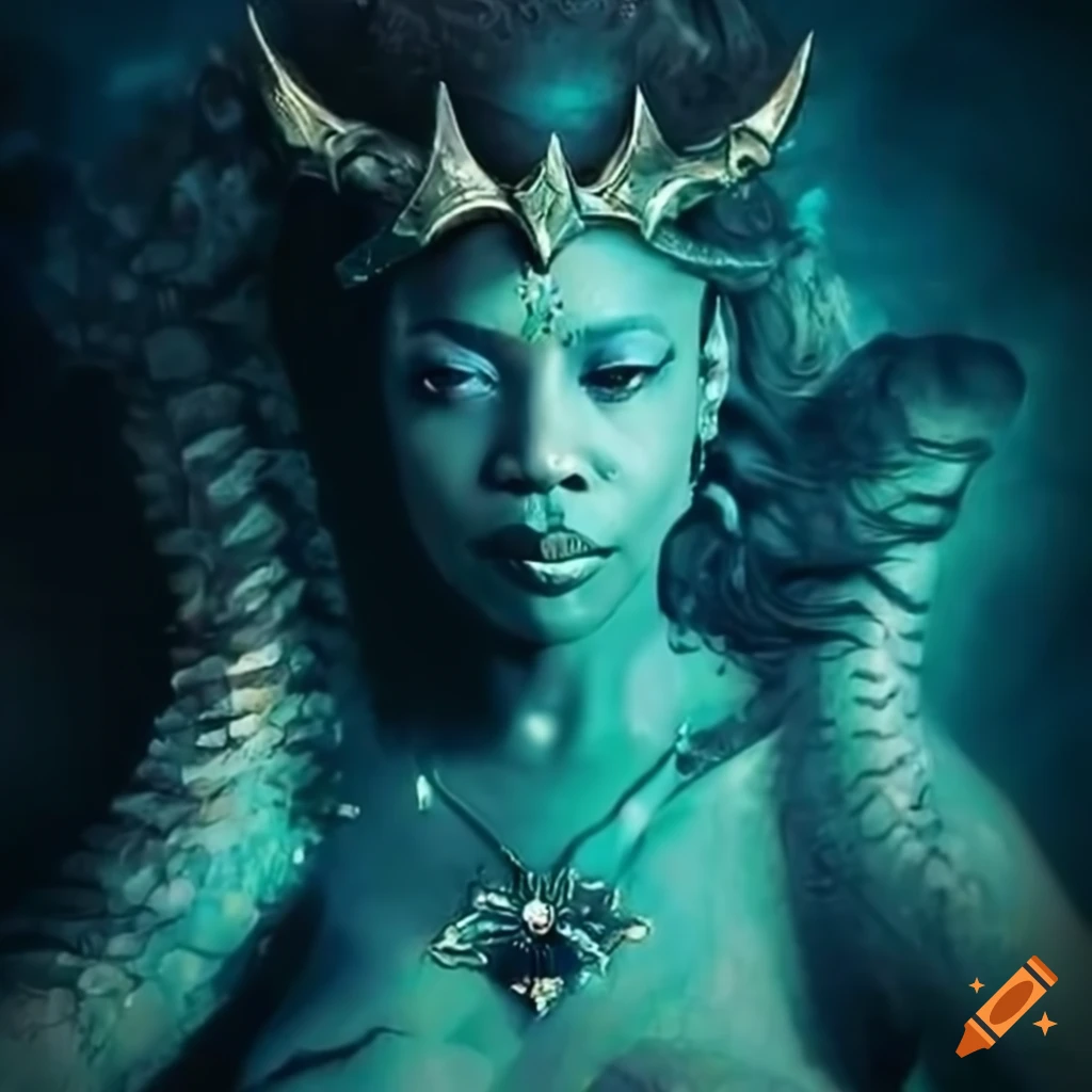 Caribbean priestess with her dragon and spirit by the sea on Craiyon