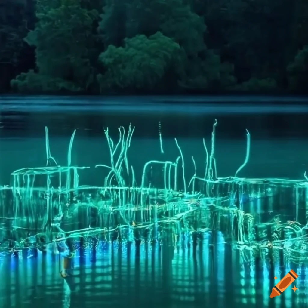 Light installation of underwater led lines creating colorful root ...
