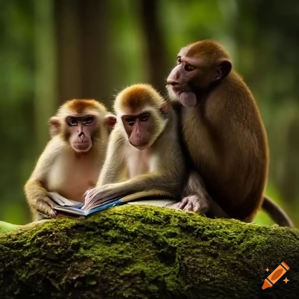 Monkeys reading books in a forest setting on Craiyon