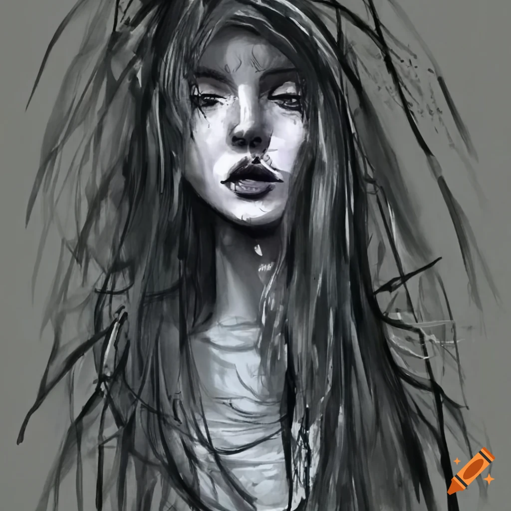 Tousled long hair girl in ink drawing on Craiyon