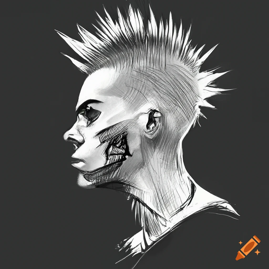 Abstract sketch of a punk man in black and white side profile on Craiyon