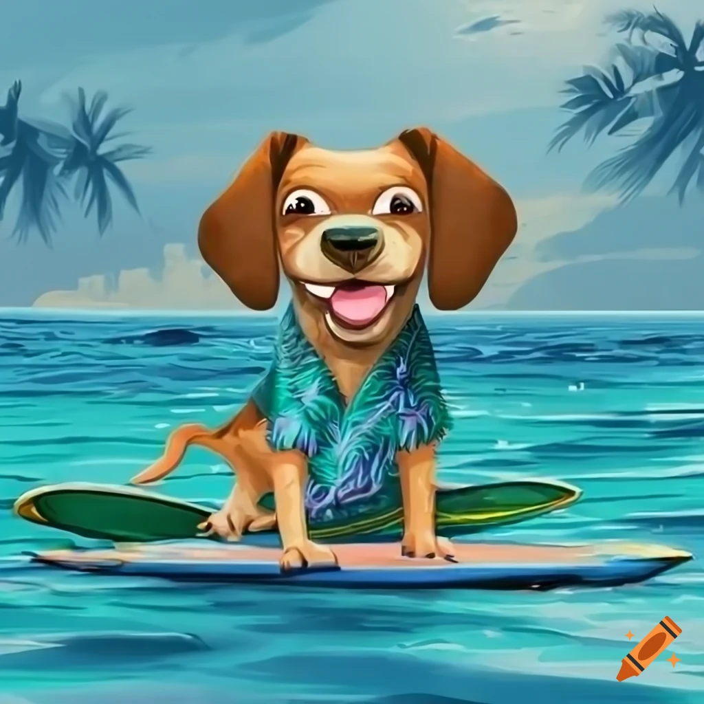 Cartoon dog surfing in a hawaiian shirt on the ocean on Craiyon