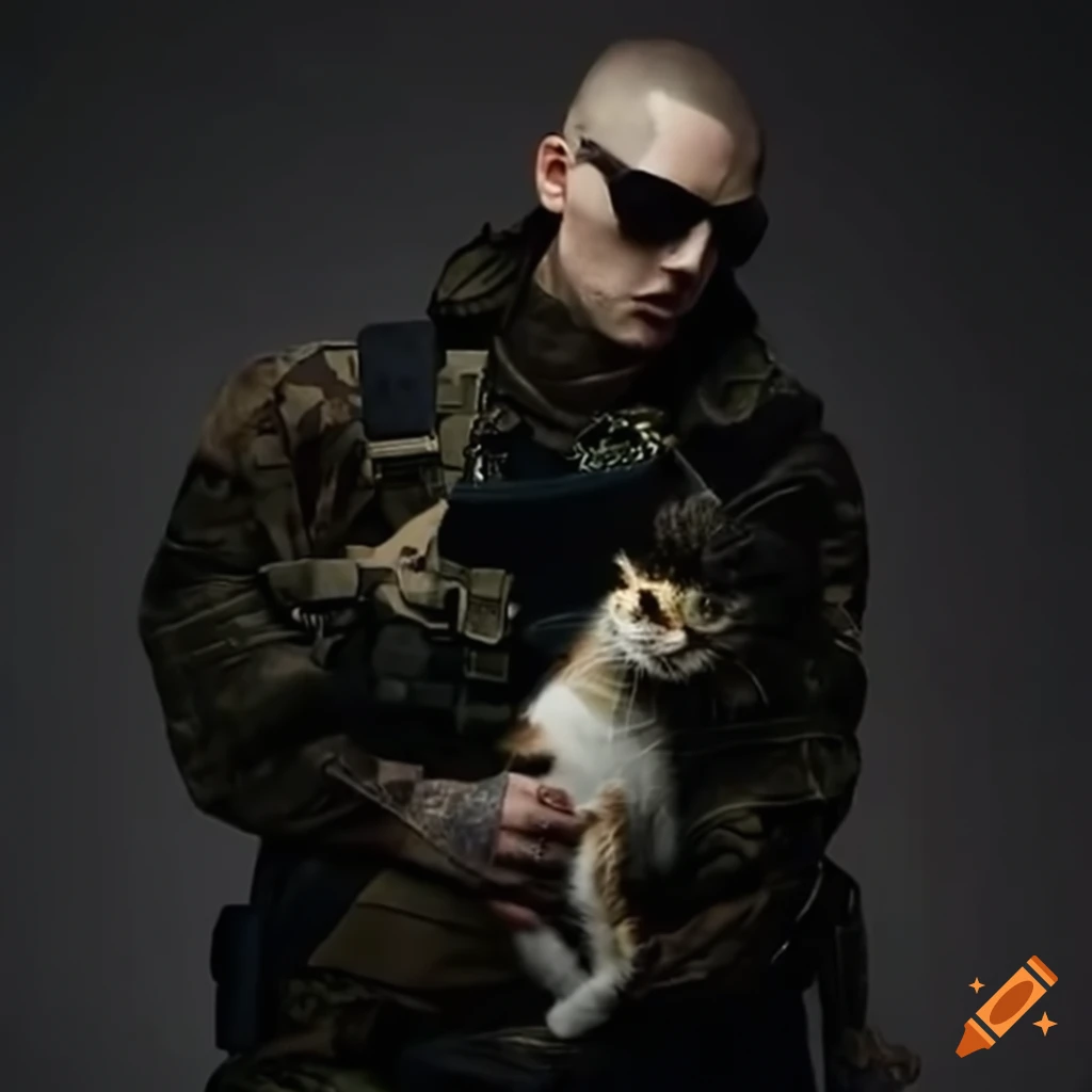 Simon 'ghost' riley from call of duty holding a cat on Craiyon