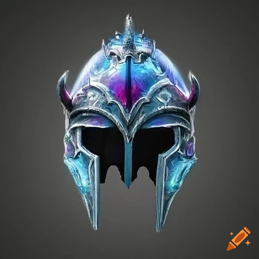 Front view of a detailed open fantasy helmet with magical light on Craiyon