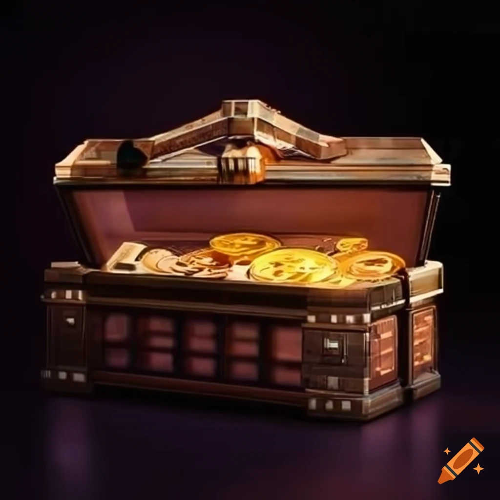 Modern futuristic treasure chest with crypto, bitcoin, and cash on Craiyon