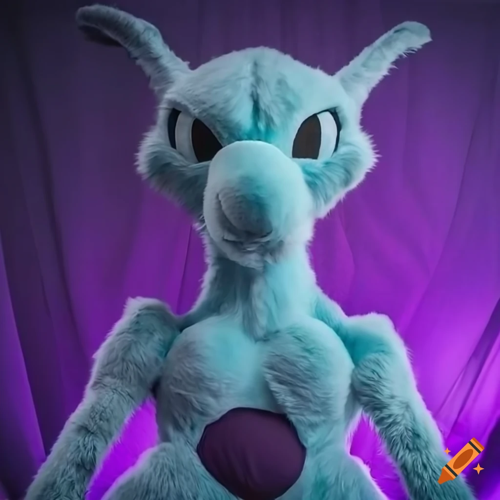 Dad wearing full body Mewtwo fursuit mascot costume at park on Craiyon