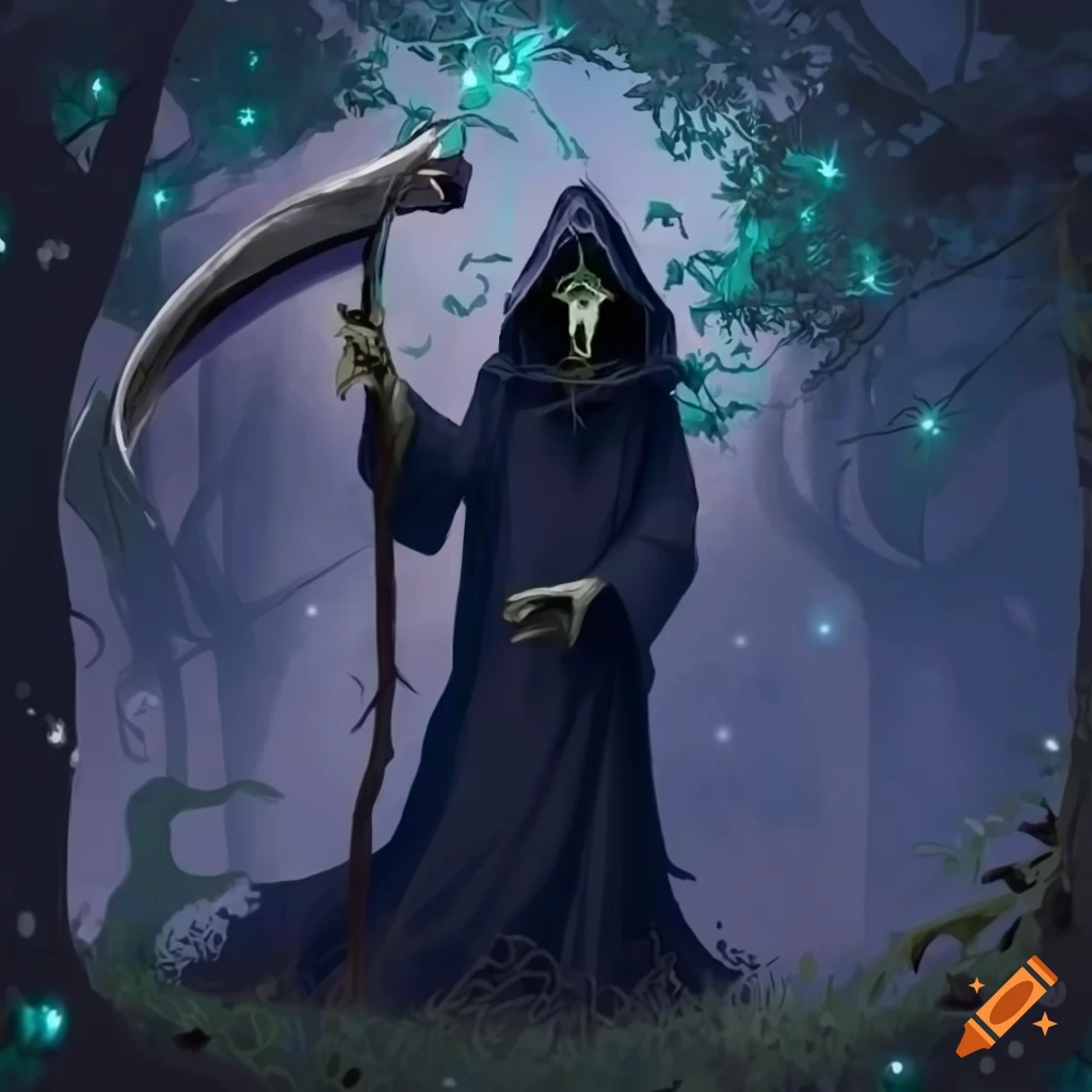 Grim reaper with a flower crown, holding a vine-covered scythe in a ...