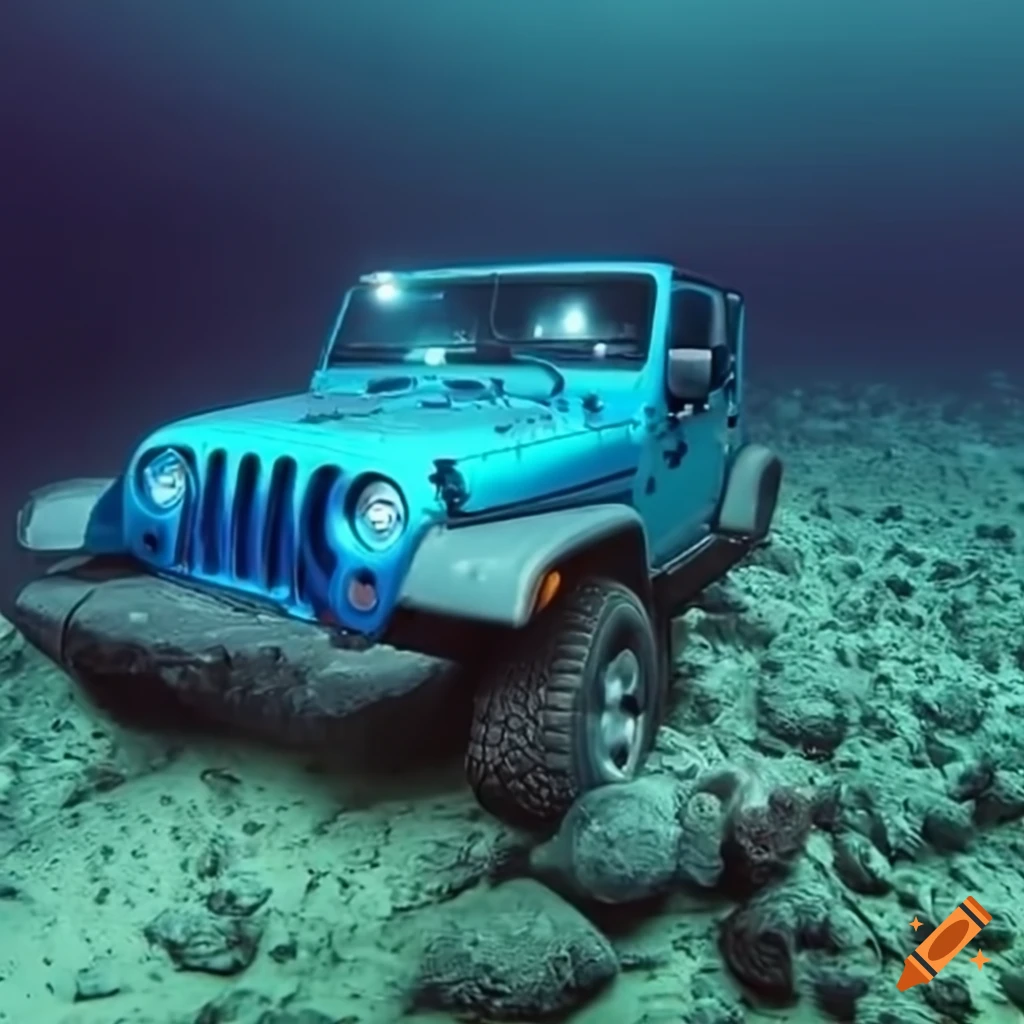 Blue jeep wrangler submerged underwater on Craiyon