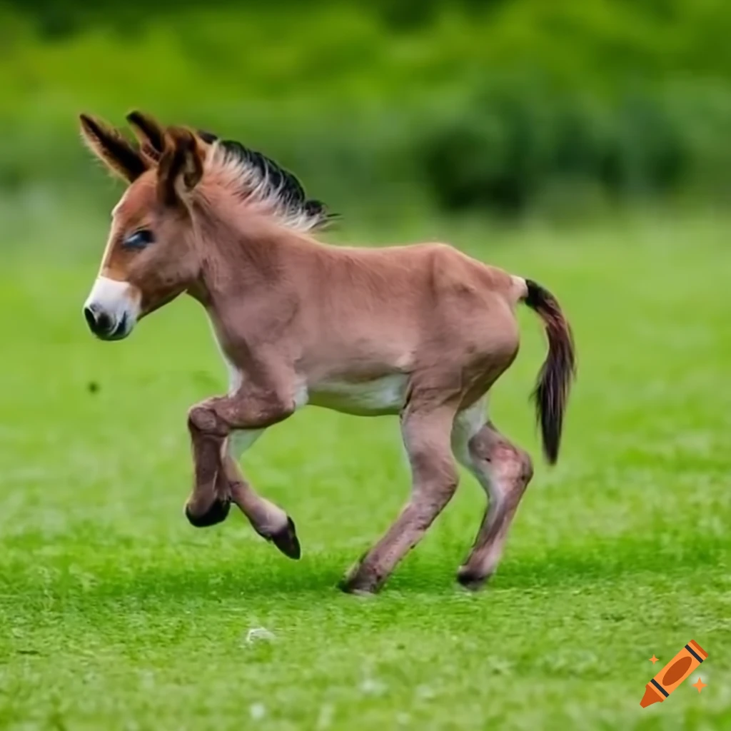 Mini mule running on green grass on Craiyon