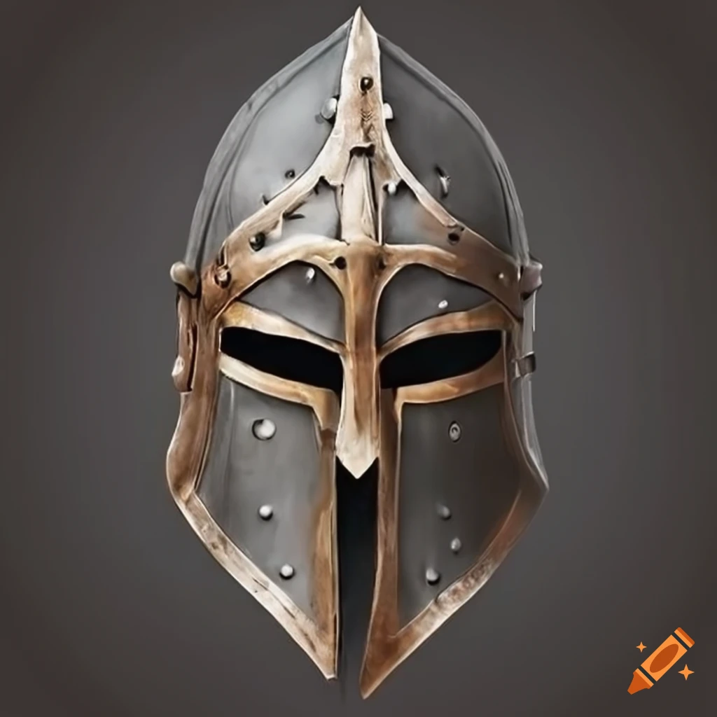 Front view of a detailed medieval-style open helmet in a cursed fantasy ...