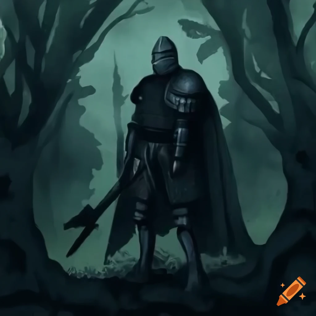 Gothic wounded medieval knight kneeling in a dark forest near a castle ...