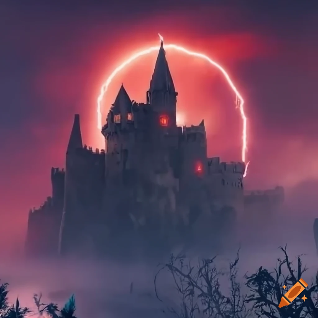 Simon Belmont in front of a medieval vampire castle under a red and ...