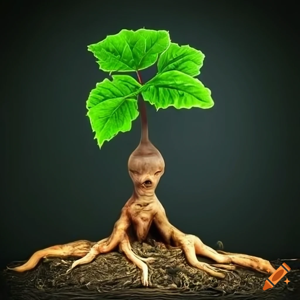 Earth-colored mandrake with humanoid shape and green leaves on Craiyon
