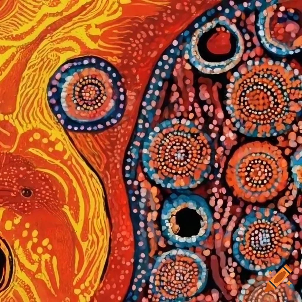 Aboriginal spirit animals patterns in warm colors with mirrors on Craiyon