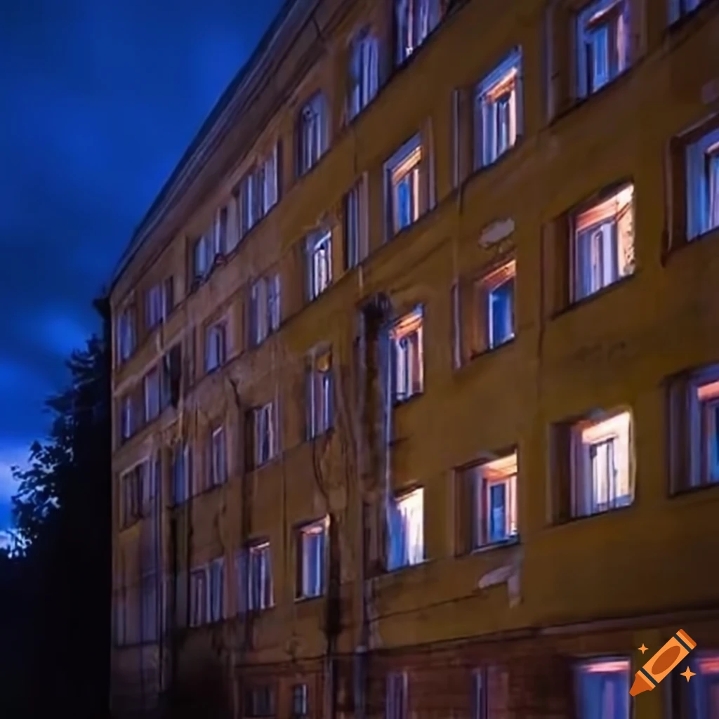 Russian soviet panel houses at night with softly glowing window on Craiyon