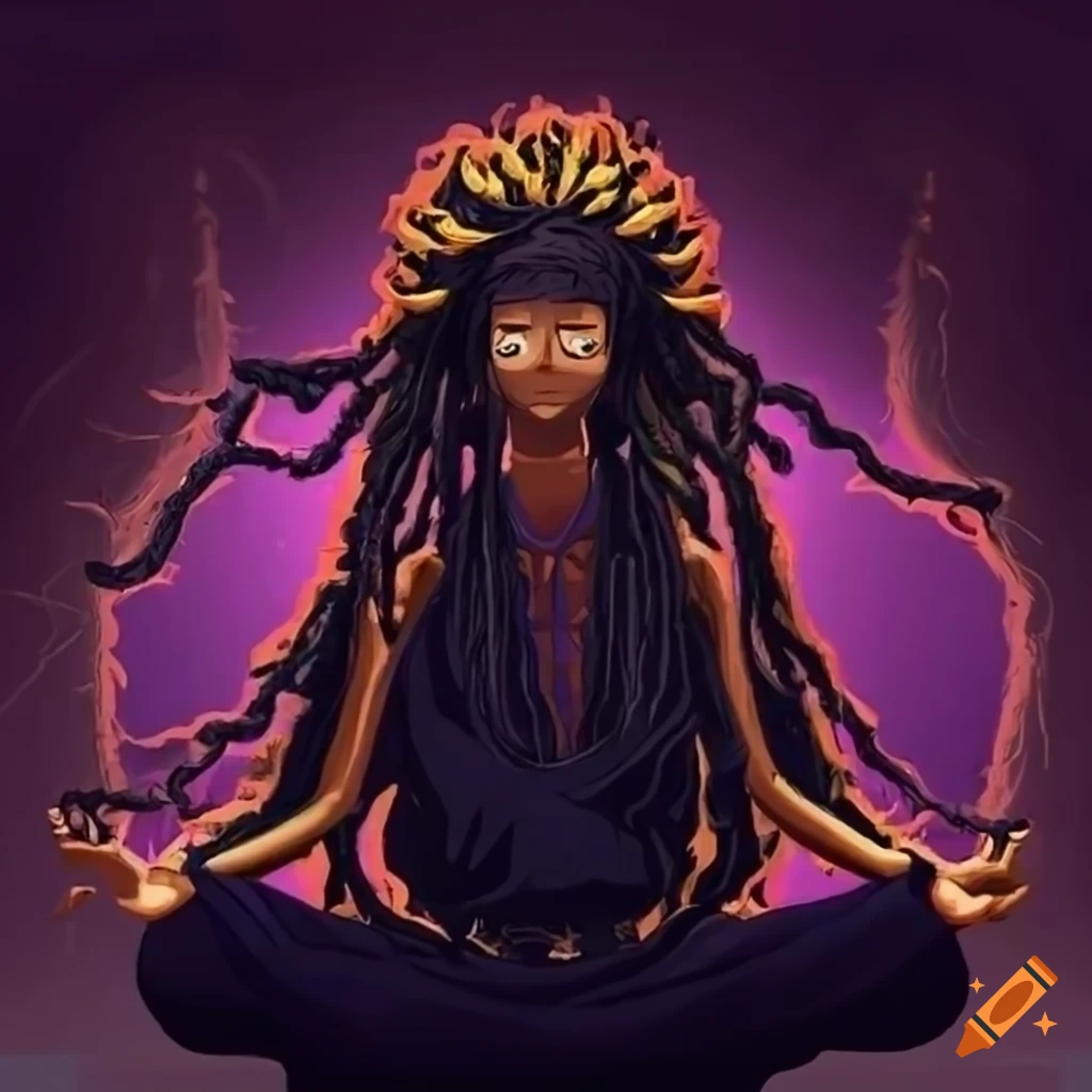Black Anime character with locs meditating in a forest setting on Craiyon