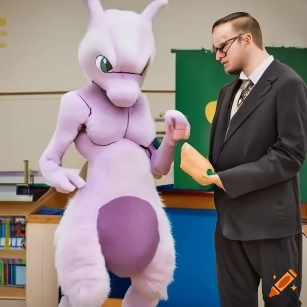 Male teacher wearing mewtwo fursuit mascot costume at school on Craiyon