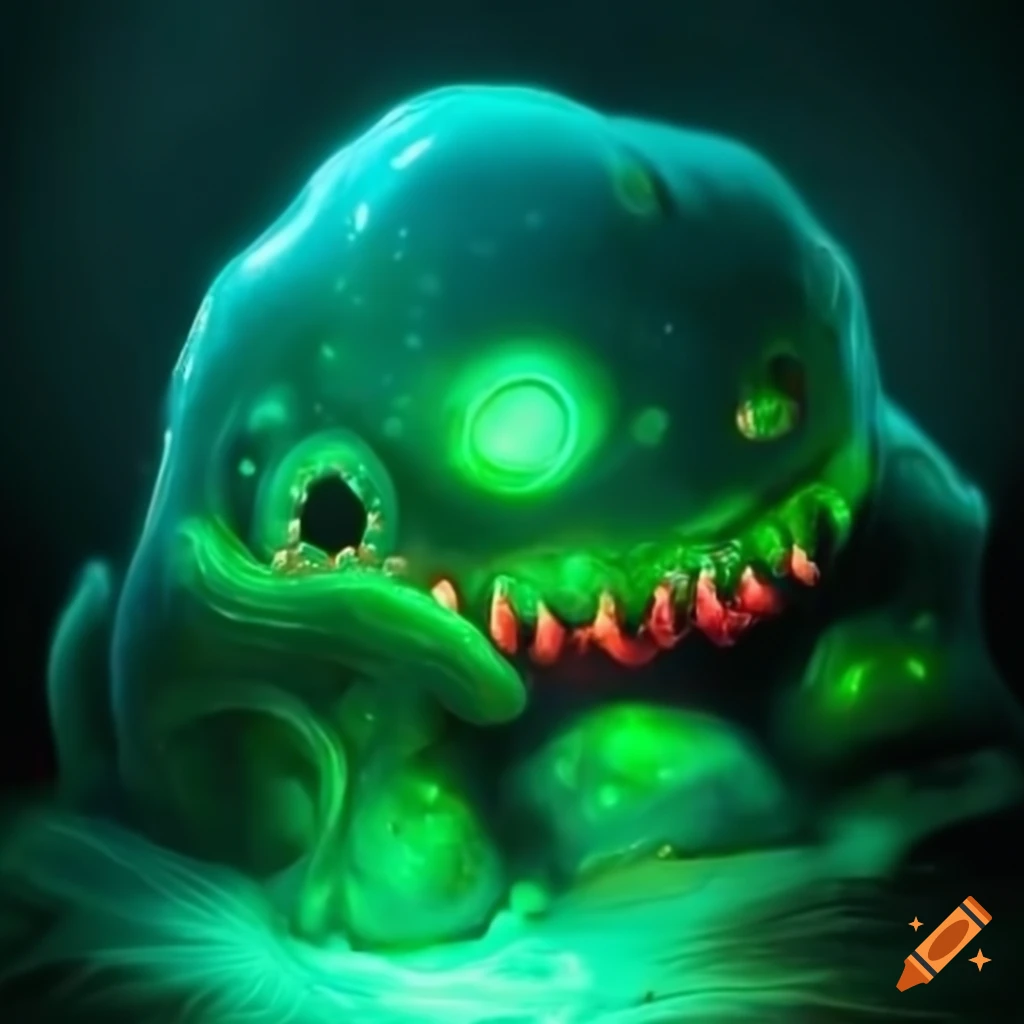 Green slime monster with glowing red core in a fantasy setting on Craiyon