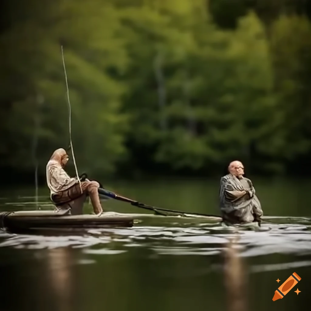 Two men fishing at a lake on Craiyon