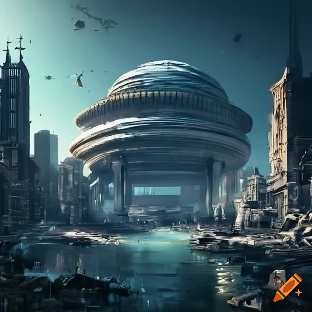 Post-apocalyptic city with futuristic and abandoned structures ...