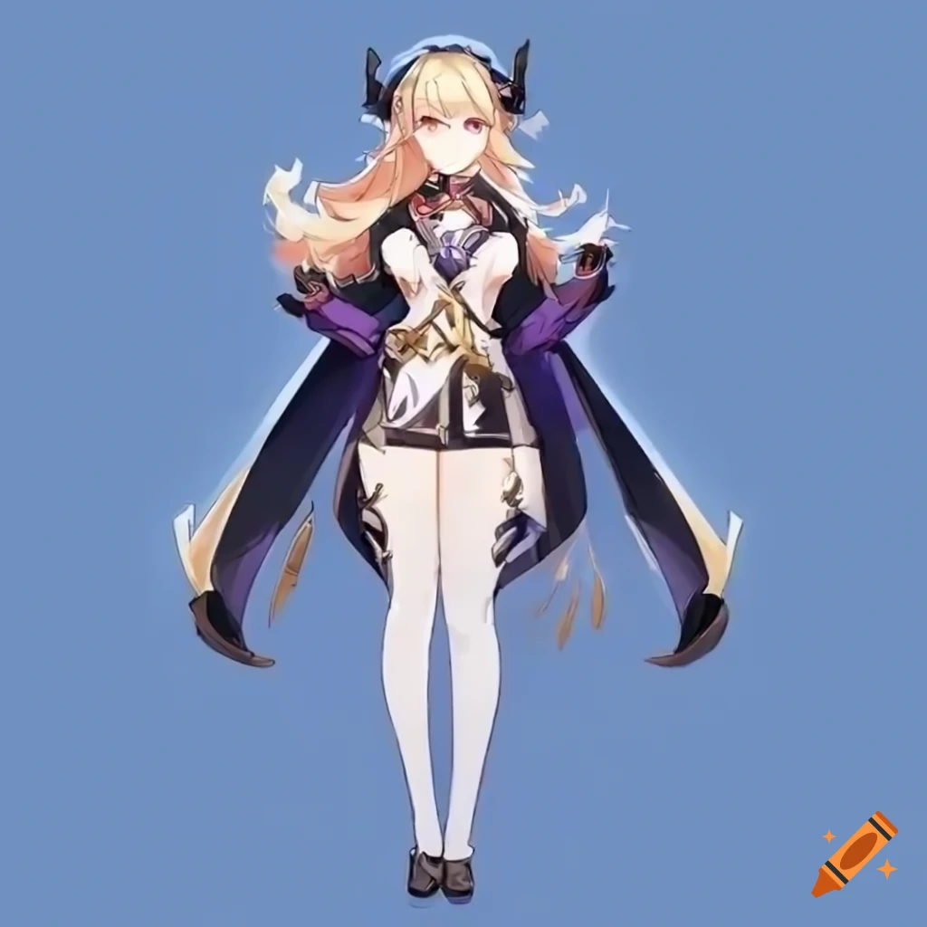 Full-body character design of a woman in detailed Genshin Impact outfit ...