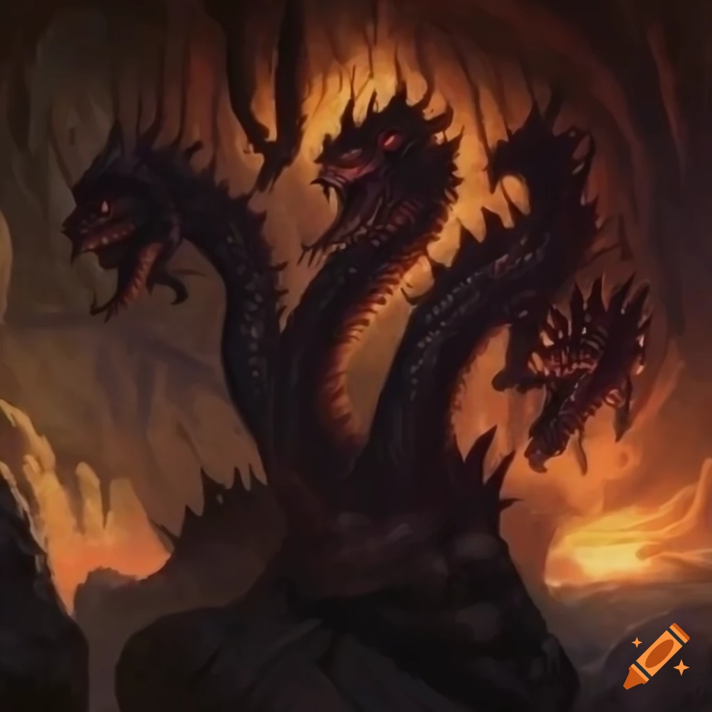 Black Hydra in a Greek coast cave in Magic the Gathering style on Craiyon