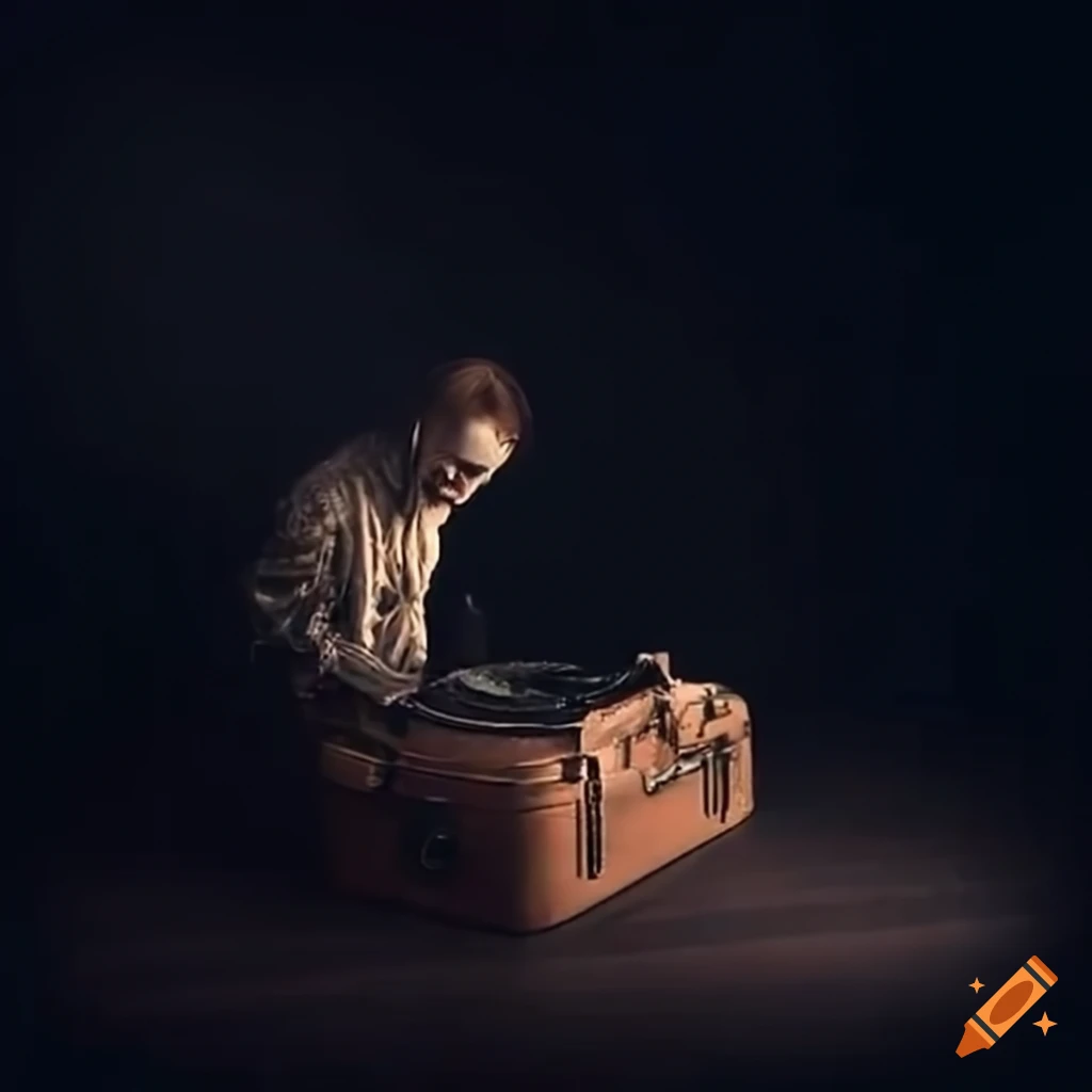 Scary man using a suitcase record player in a surreal horror movie ...