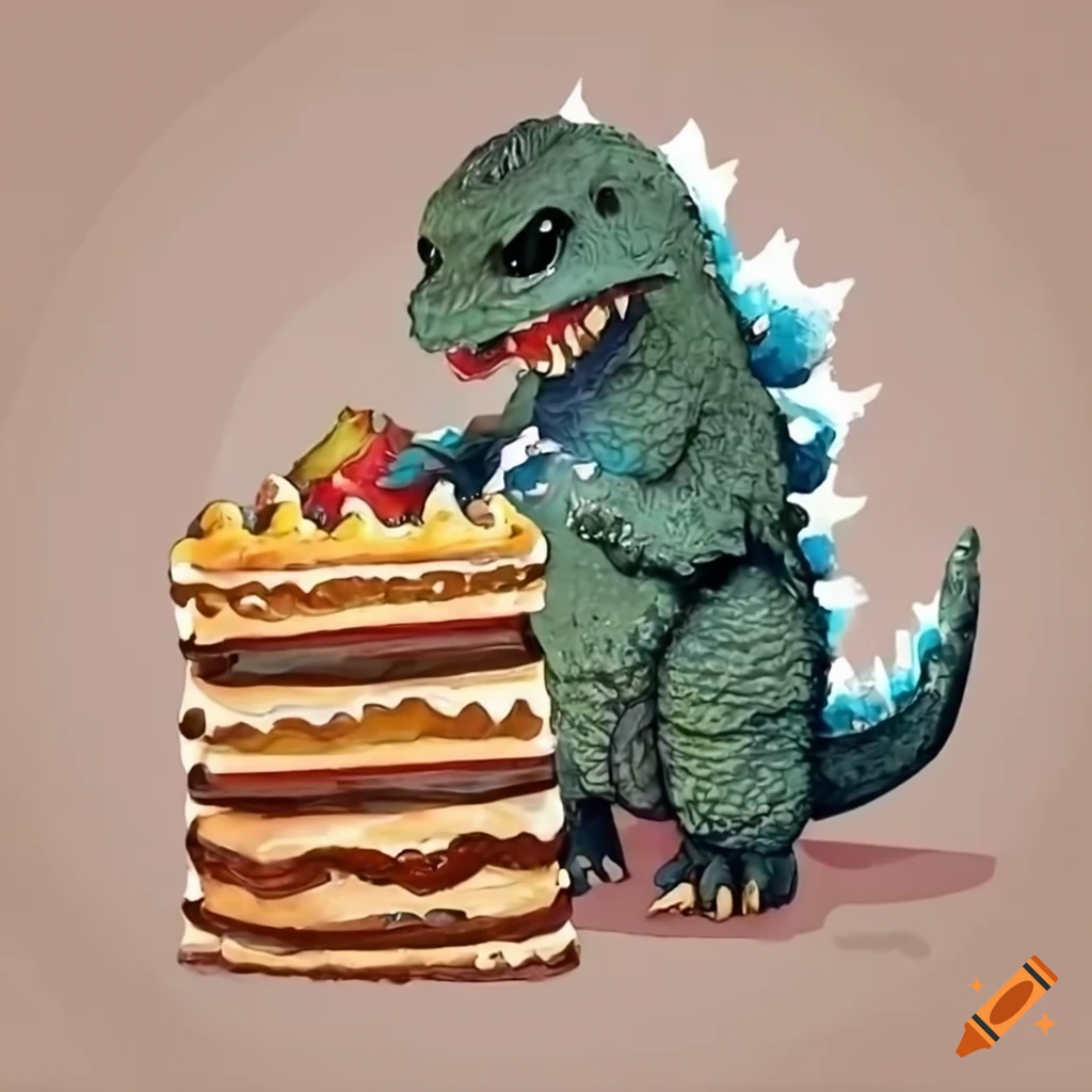 Baby godzilla enjoying a cake on Craiyon