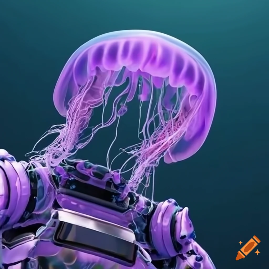 Purple science fiction jellyfish in a robotic suit on Craiyon