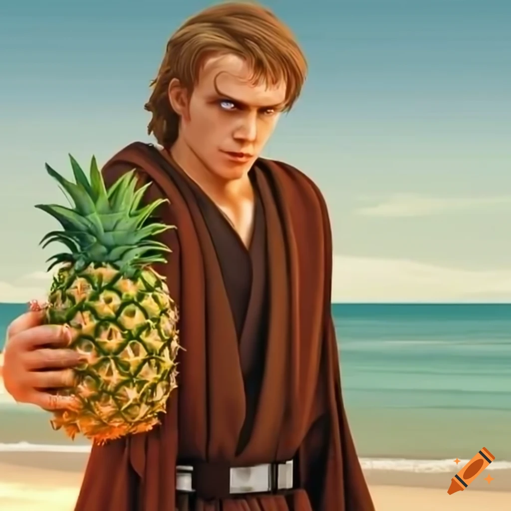 Anakin skywalker holding a pineapple on the beach on Craiyon