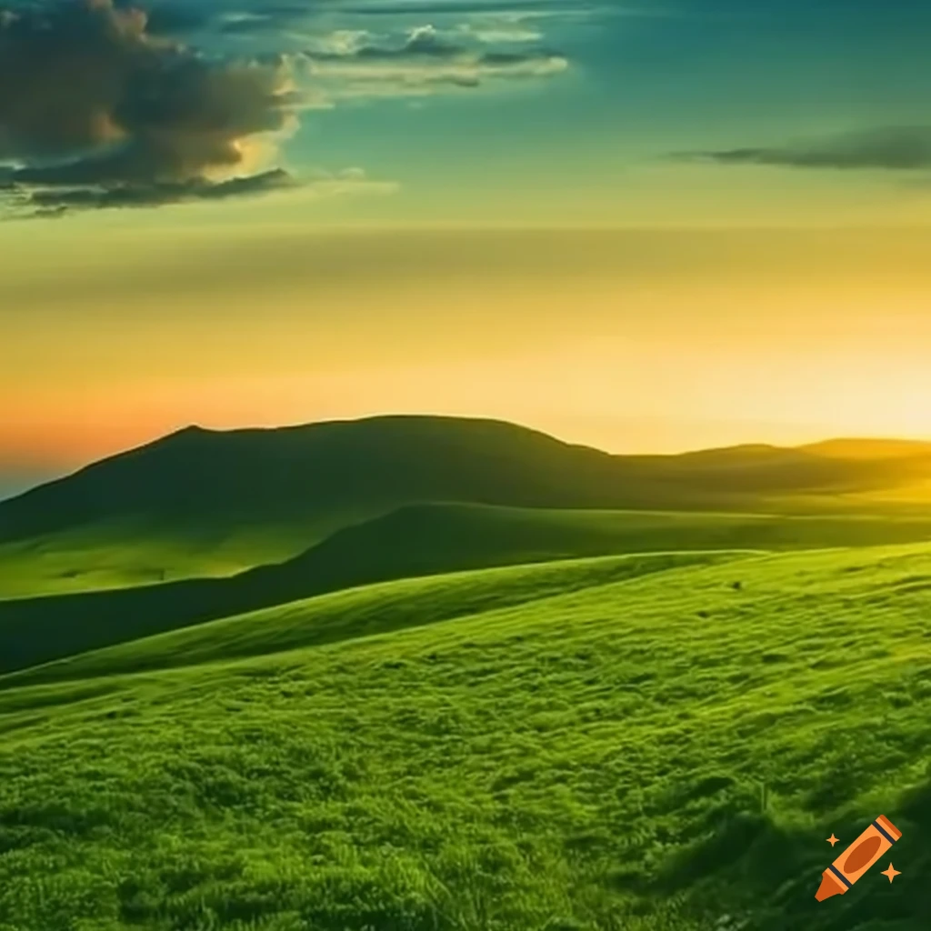 Sunny day in green plains with distant hills under clear skies on Craiyon