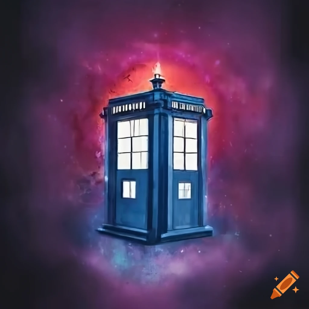 The tardis flying through a galaxy in a movie poster on Craiyon