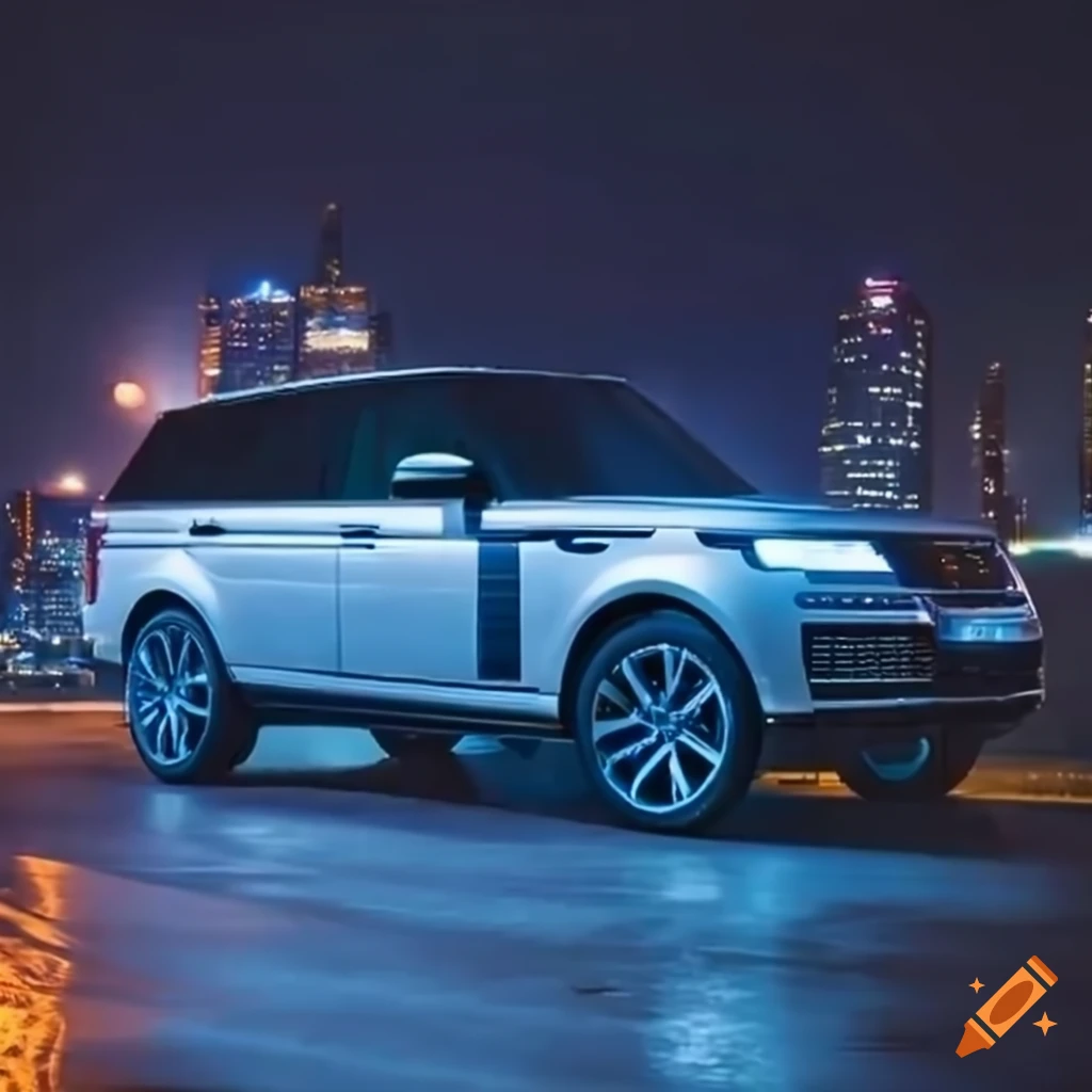 Range rover in an illuminated modern city at night on Craiyon
