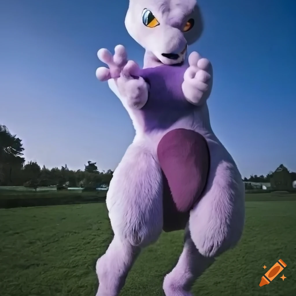 Detail of person in mewtwo fursuit costume at park on Craiyon