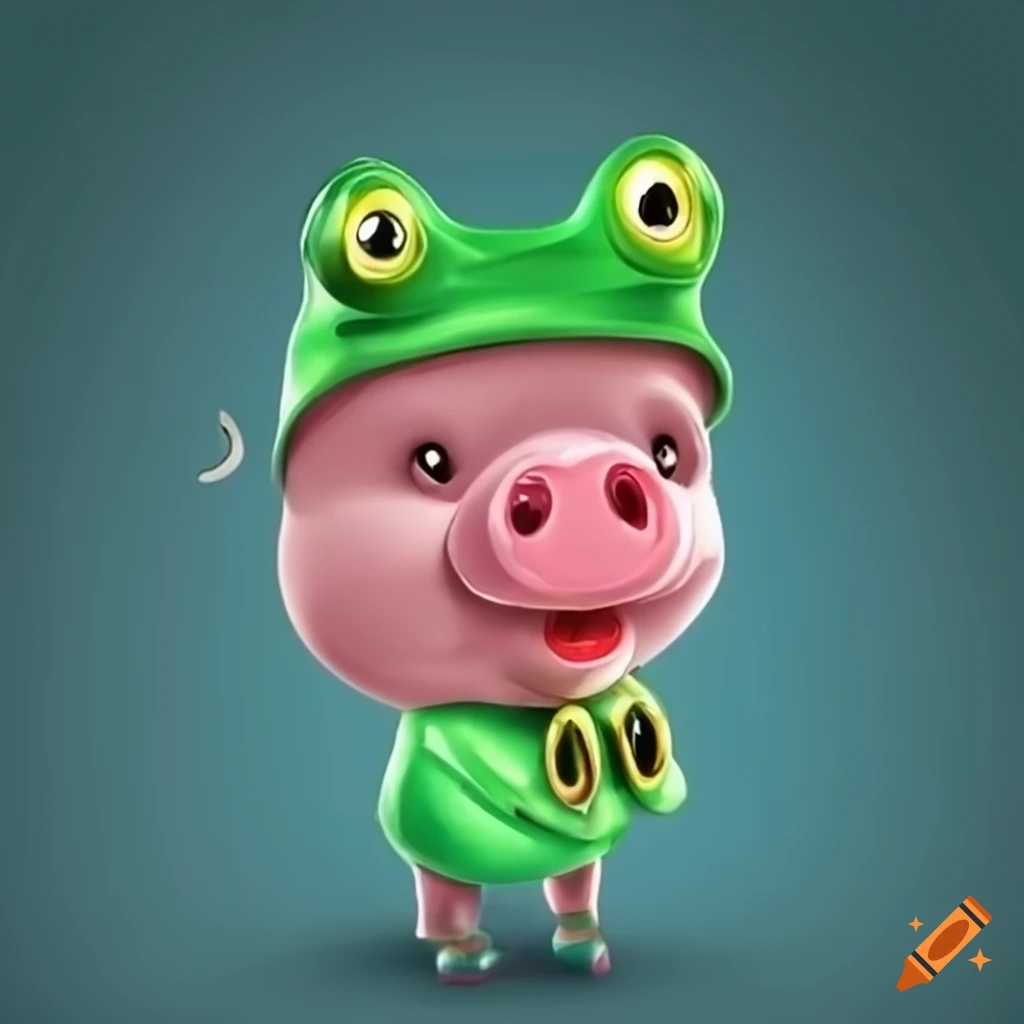 Adorable cartoon pig with frog-shaped hat on Craiyon