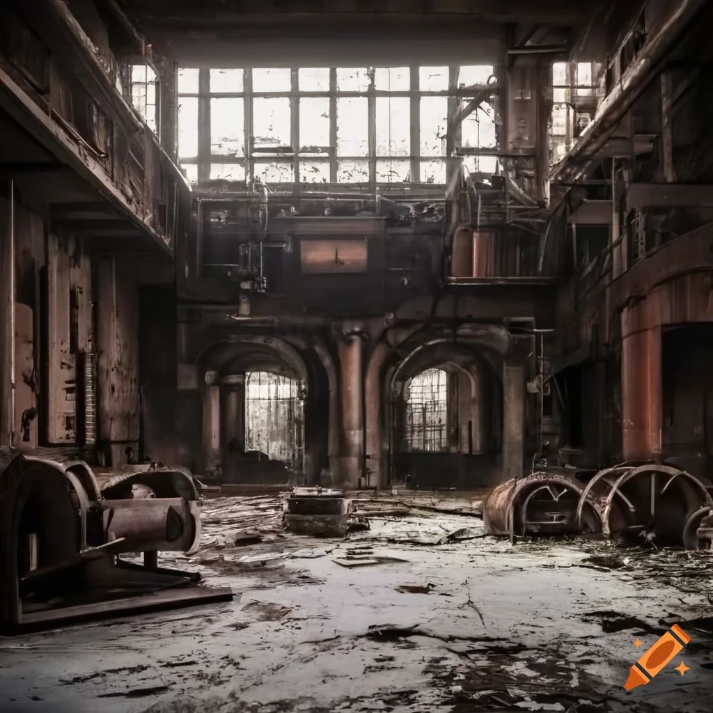 Interior of a bright, foggy abandoned factory with old machines on Craiyon