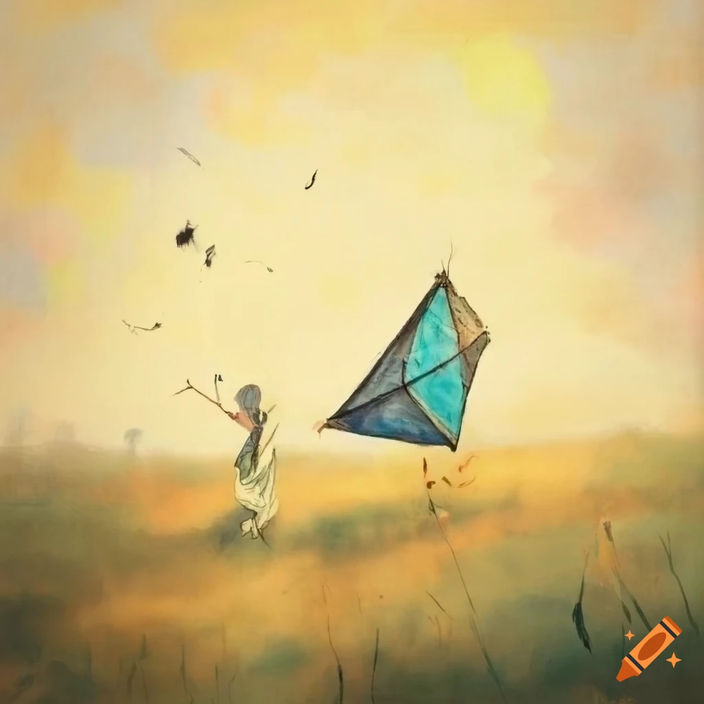 Japanese style painting of a large broken kite in a field on Craiyon