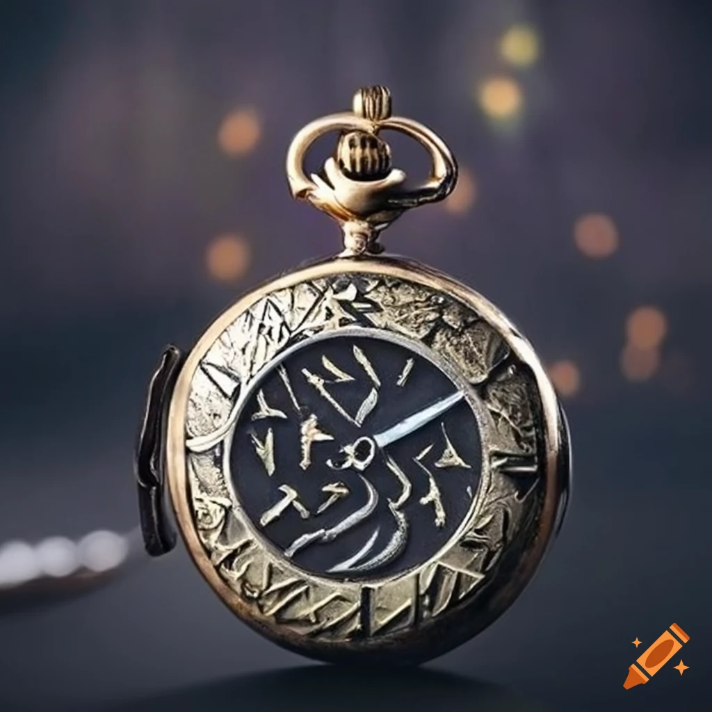 Enchanted magic runes pocket watch in a fantasy setting on Craiyon