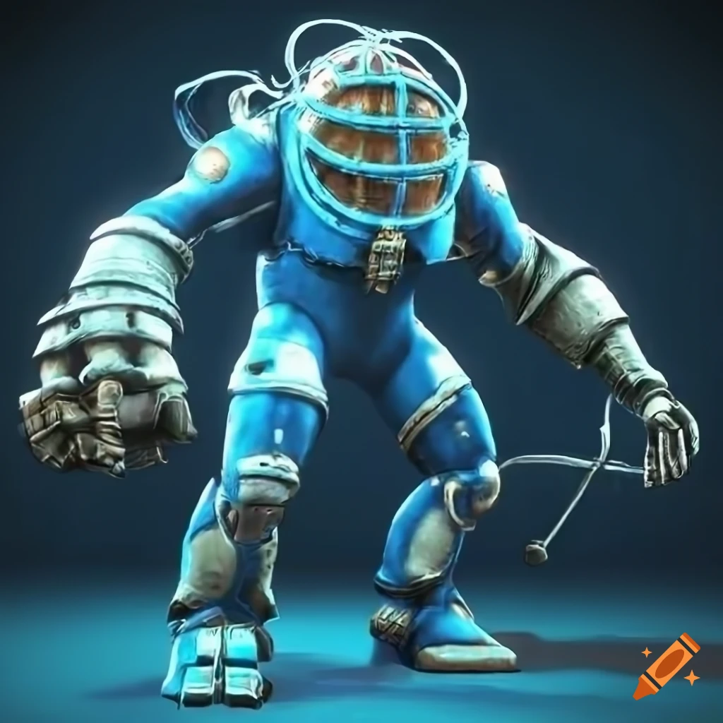 Bioshock's thin big daddy in blue bodysuit with detailed anatomy on Craiyon